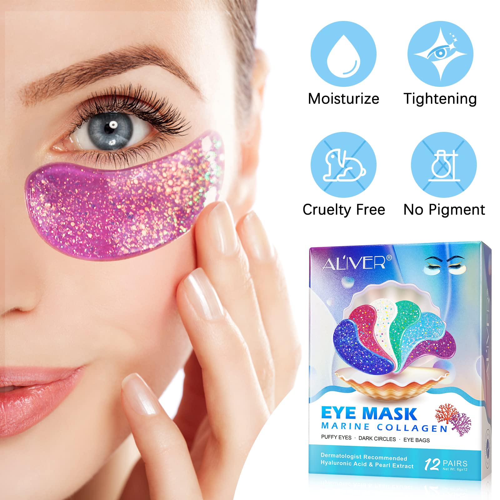 FRDUGA Marine Collagen Eye Masks, 12 Pairs - Anti-Aging, Dark Circle, Moisturizing, Puffiness, Wrinkles