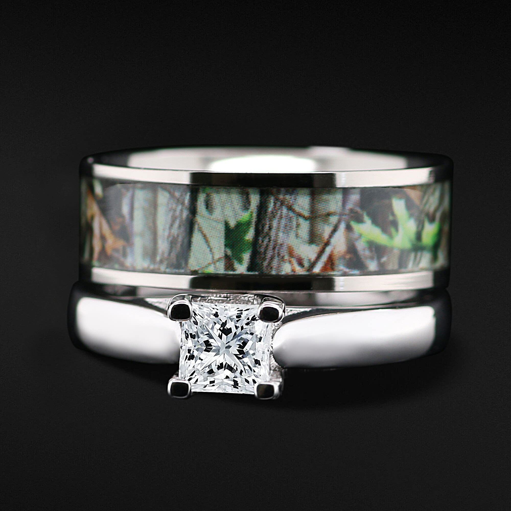 Camo Wedding Rings Set His and Hers 3 Rings Set, Stainless Steel and Titanium (Size His 08, Hers 09)