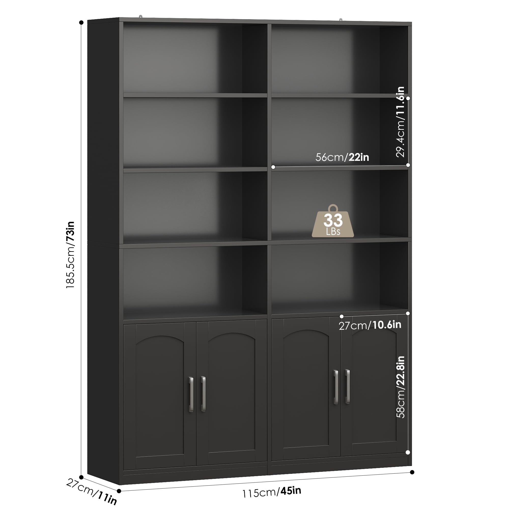 FACBOTALL Bookshelf and Bookcase with Doors, 6 Tier Double Wide Large Bookshelves, Open Display Shelves, 73'' Tall Bookcases for Home Office, Living Room, Library, Black