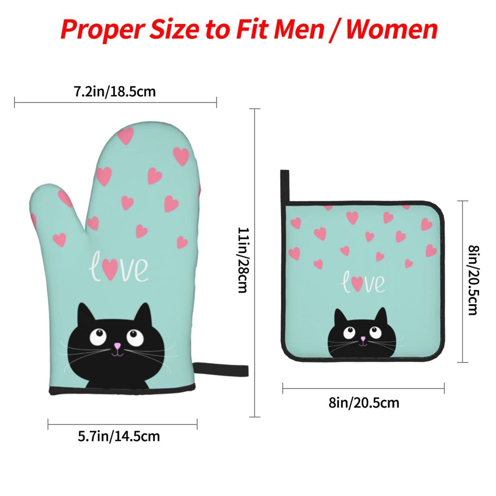 Cute Black Cat Love Oven Mitts and Pot Holders 4pcs Sets,Funny Kitchen High Heat Resistant Oven Mitts,with Oven Gloves and Hot Pads Pot Holders for Baking Cooking BBQ Grilling