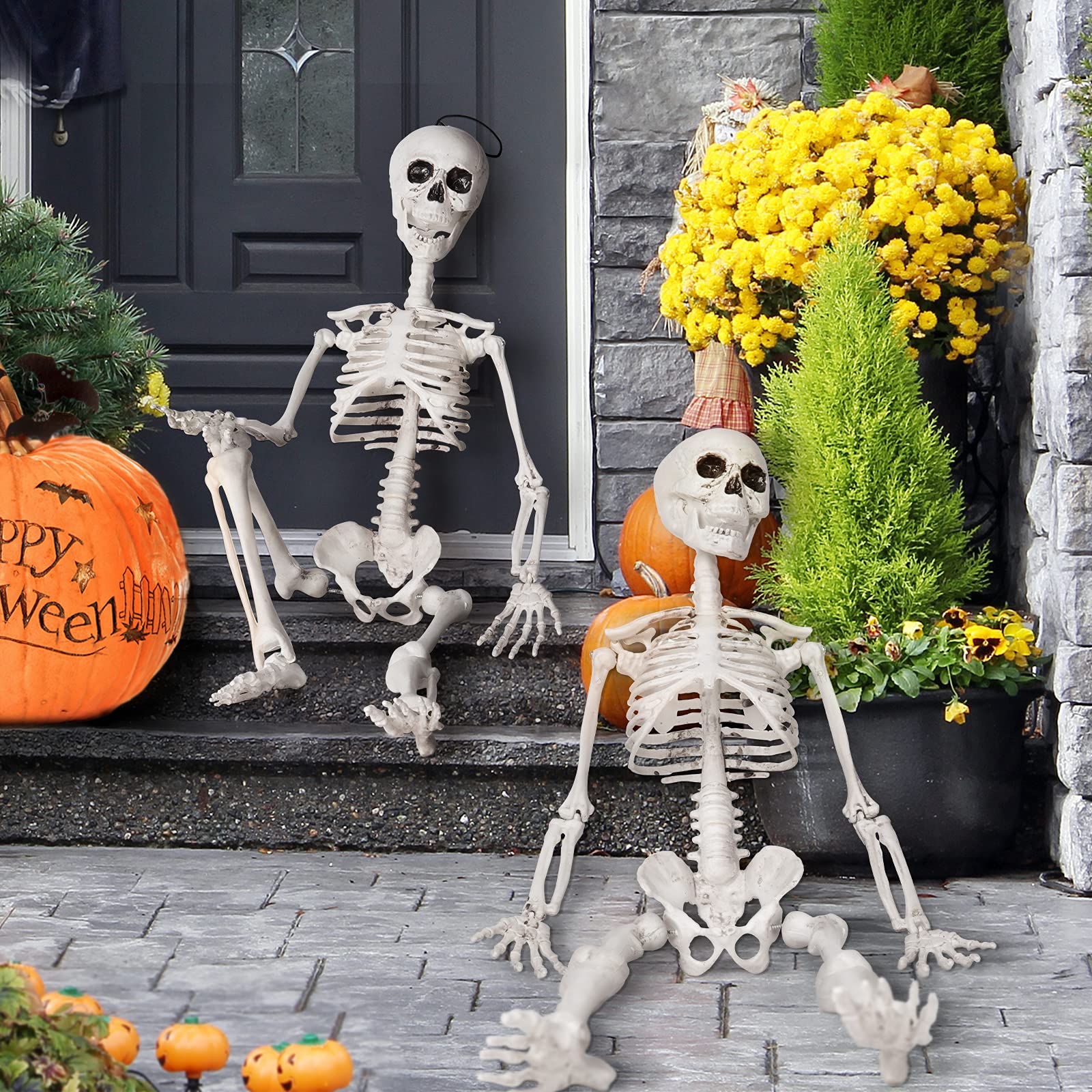 DECORLIFE 2 Pack 36" Skeleton Halloween Decorations, Plastic Posable Skeleton Decor with Movable Joints for Haunted Houses, Lawn, Graveyard, Trunk or Treat (White)
