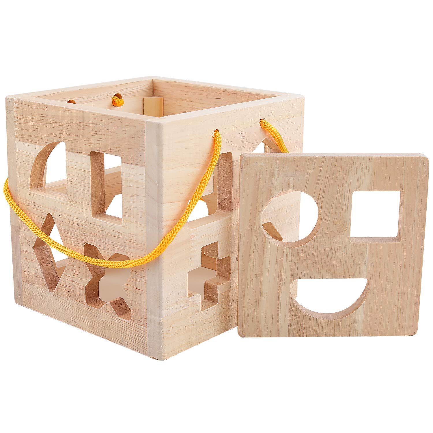 QZMTOY Shape Sorter Toys with 19 Shape Blocks,Shape Sorting Cube Toy Box Classic Wooden Toys for Toddlers Kids,Gift for Girls Boys 2-4(Natural Solid Wood)