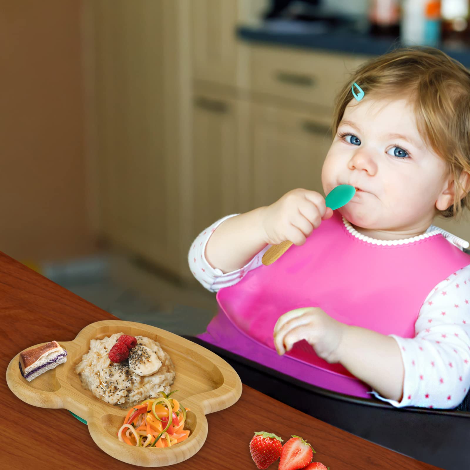 DUDUGWA Bamboo Baby Plates, Bamboo Suction Plates for Babies, Removable Silicone Suction Cup for Kids and Toddlers with Spoon, 6 Months and Older,Bear Plates