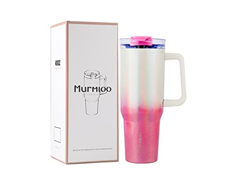 Murmioo 40OZ Tumbler with Handle and Straw,Insulated Leak Proof Double Walled Stainless Steel Travel Mug,Reusable Water Bottle Cup,keep Cold Ice,Hot water for Hours(Pink white gradient)