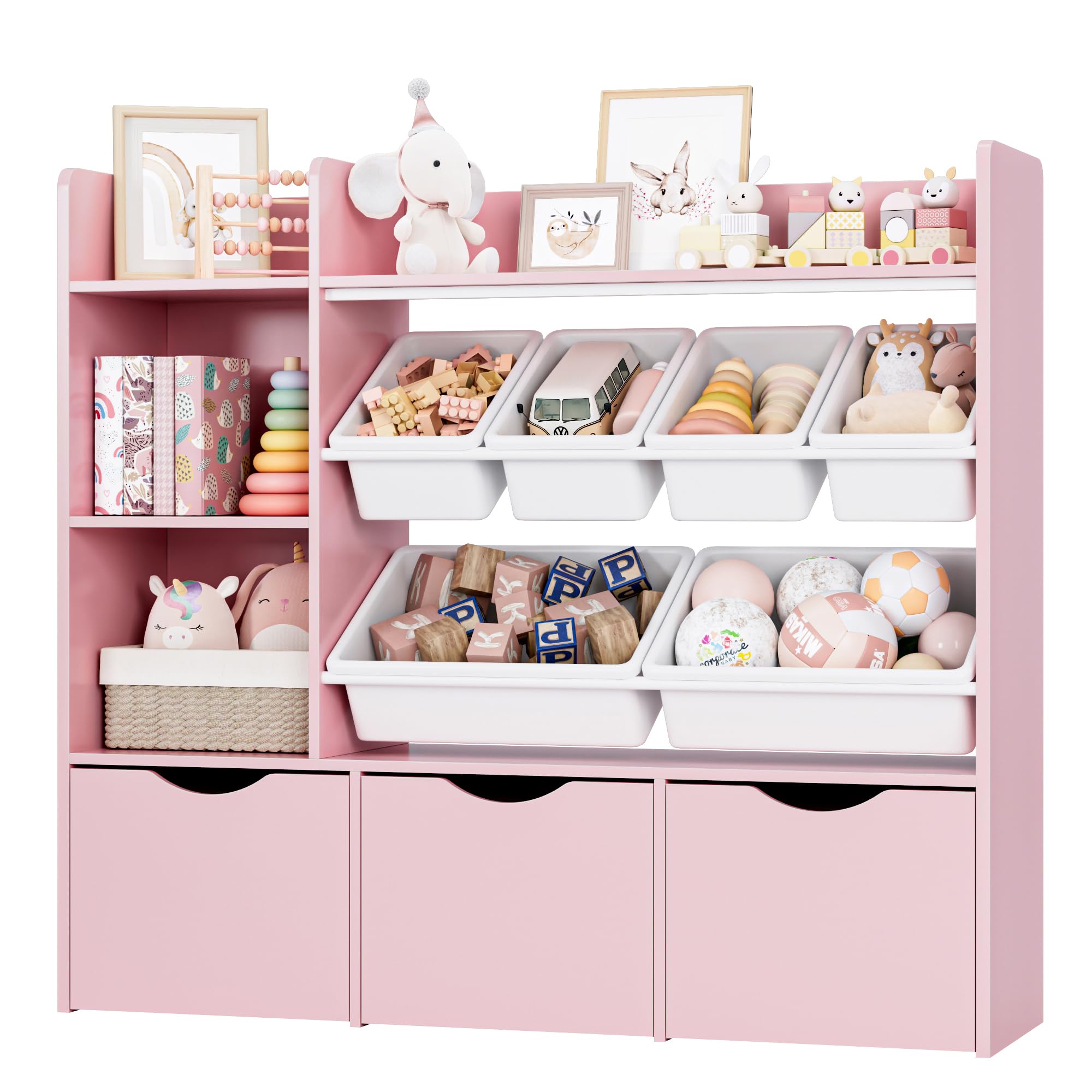 FACBOTALL Toy Storage Organizer with 3 Movable Drawers, Bookshelf and Bookcase with 6 Plastic Bins & 2 Storage Cubbies, Toy Chest with Hidden Wheels, Toy Storage Box for Playroom, School, White