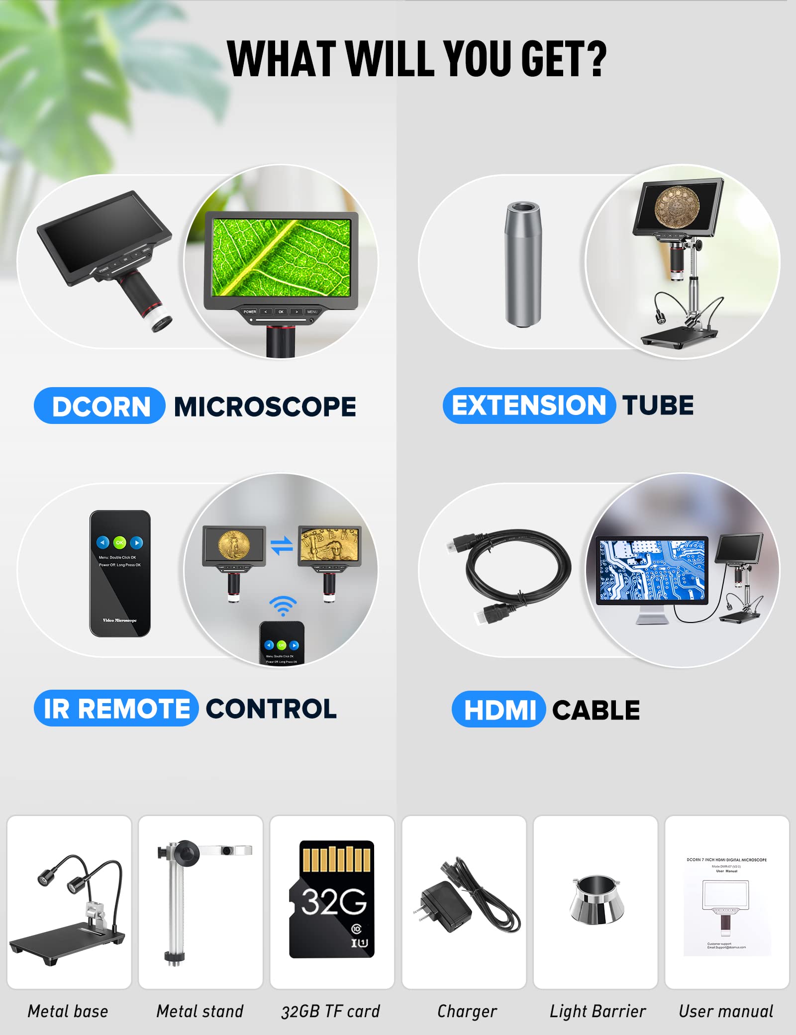 Dcorn Digital Microscope – 7 inch HDMI LCD Coin Microscope with 4.7 inch Extension Tube – 1300X 16MP Soldering Microscope Camera – Microscope for Adults with Touch Control LED Lights, (HDMI 7 INCH)