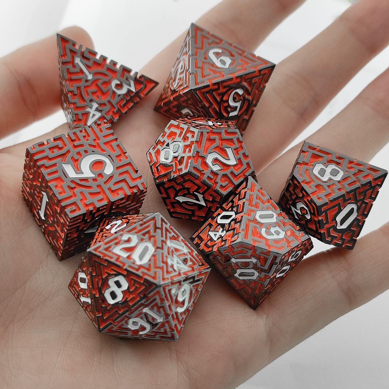 DND Metal Dice Set D&D Dungeons and Dragons Dice Polyhedron RPG Pathfinder MTG Table Games D and D Accessories 7pcs D20 D12 D10 D% D8 D6 D4 with Black Leather Bag Gift-Nickel Orange White