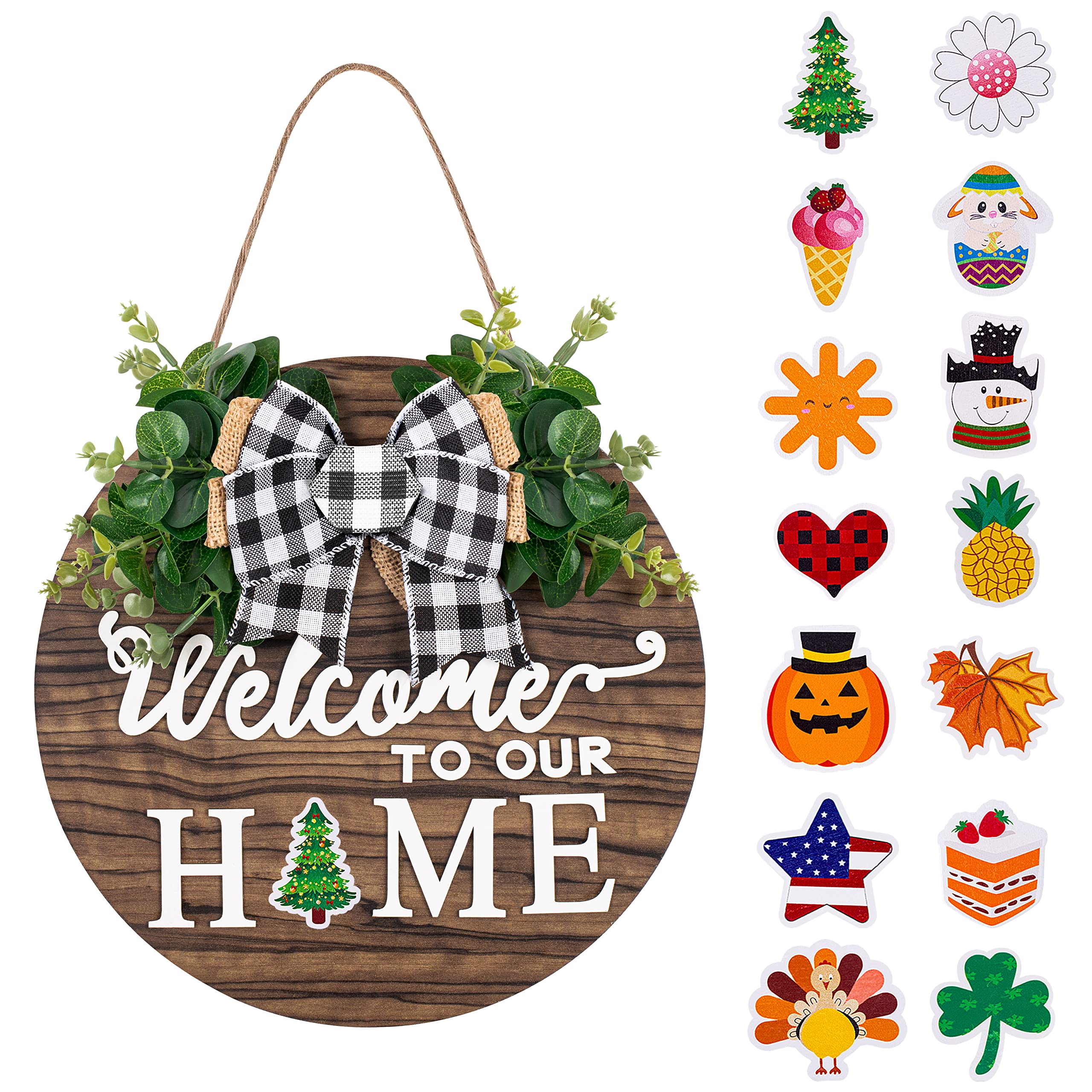 Welcome Home Wood Sign Decor, Interchangeable Seasonal Welcome Sign for Front Door Decor, Fall Wreath Outdoor Farmhouse Porch, Round Bowknot Wall Hanging for Easter Thanksgiving Halloween Christmas