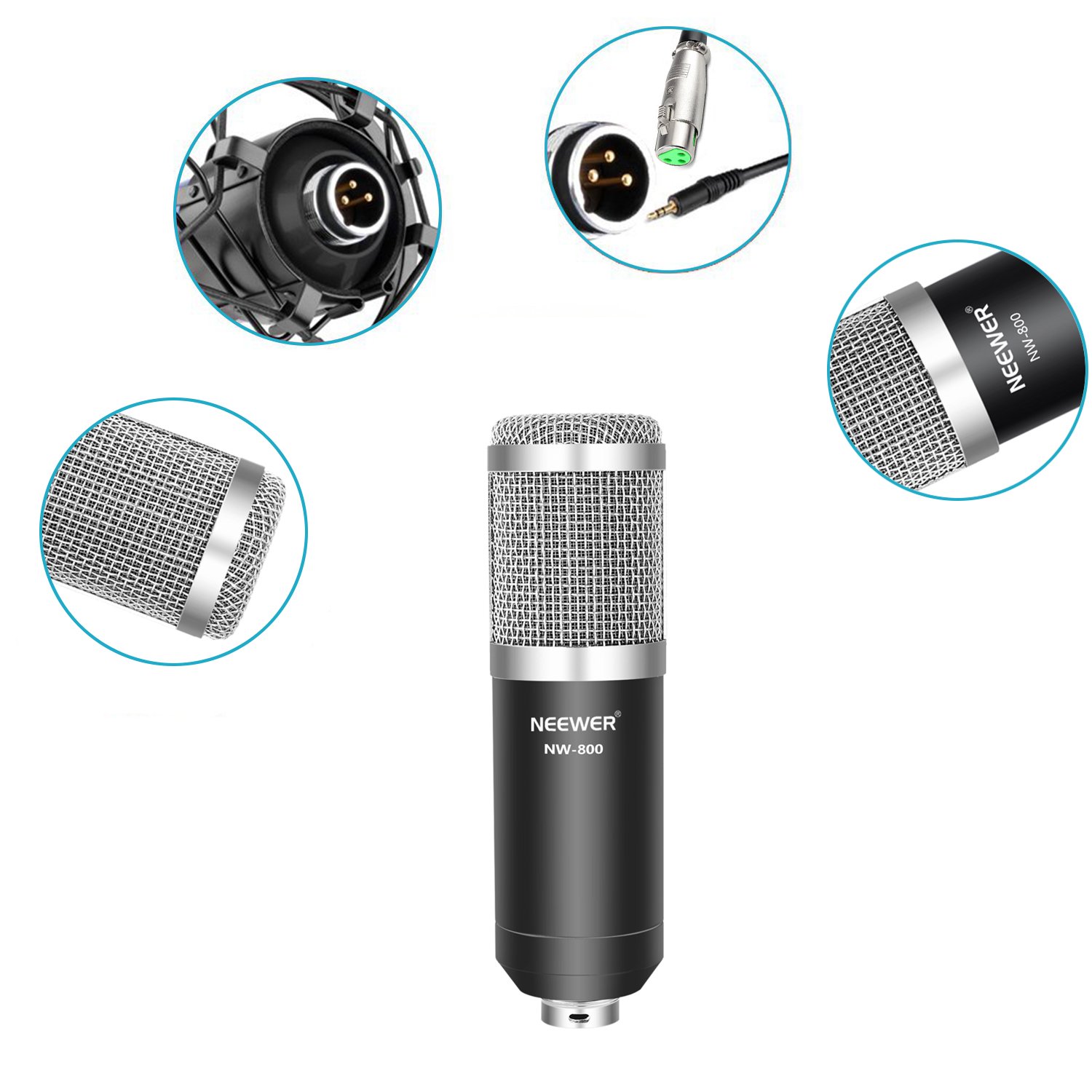 Neewer NW-800 Silver Professional Studio Broadcasting Recording Condenser Microphone & NW-35 Adjustable Recording Microphone Suspension Scissor Arm Stand with Shock Mount and Mounting Clamp Kit
