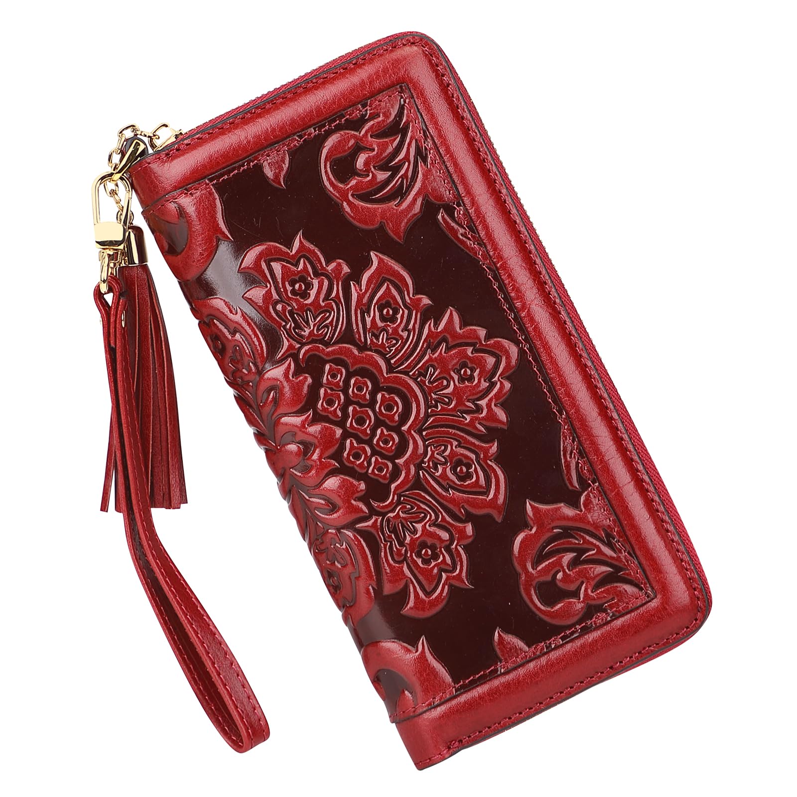 PIJUSHI Leather Wallets For Women Floral Wristlet Wallet Card Holder Purse (91853 Red)