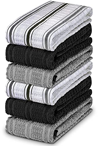 DecorRack 6 Large Kitchen Towels, 100% Cotton, 16 x 27 inches, Thick Absorbent Dish Drying Cloth, Perfect for Kitchen, Soft Hand Towels and Tea Towel, White and Gray Colors (6 Pack)