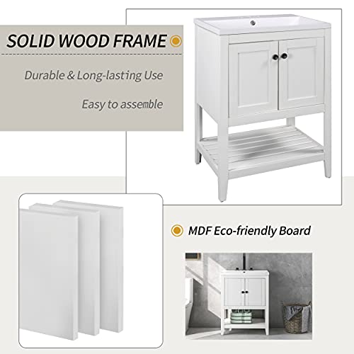 Merax 24 Inch Bathroom Vanity with Ceramic Sink Set Combo, Cabinet with Drawer and Doors, Solid Wood Frame with Painted Finish, Modern Style, White