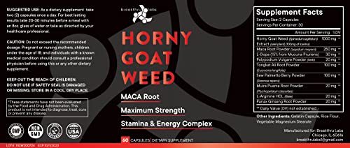 Horny Goat Weed by Breakthru Labs 1000mg Max Strength - Maca Root, Ginseng, Tongkat Ali Root, Saw Palmetto, L-Arginine - USA Made - Stamina and Energy Complex - 2-Pack 120 Count