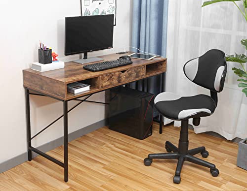 JJS 48' Writing Desk with Power Outlet, Home Office Contemporary Large Computer Desk Laptop Workstation with Drawer USB Ports Charging Station, Rustic Brown