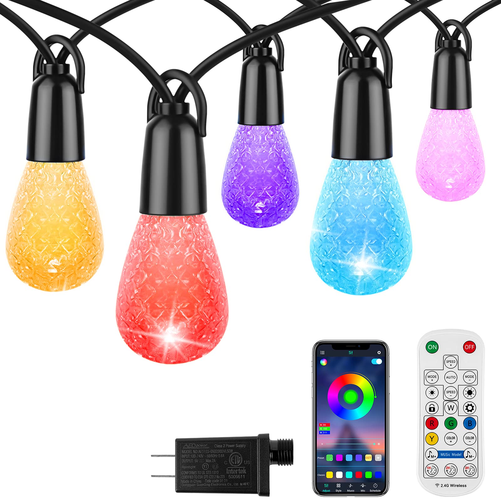 WENSEN Outdoor String Lights, 49FT 25 Bulbs Patio Lights Color Changing with Remote & App Control, IP65 Waterproof, Shatterproof Acrylic Led String Lights for Outside, Patio, Garden, Backyard, Party