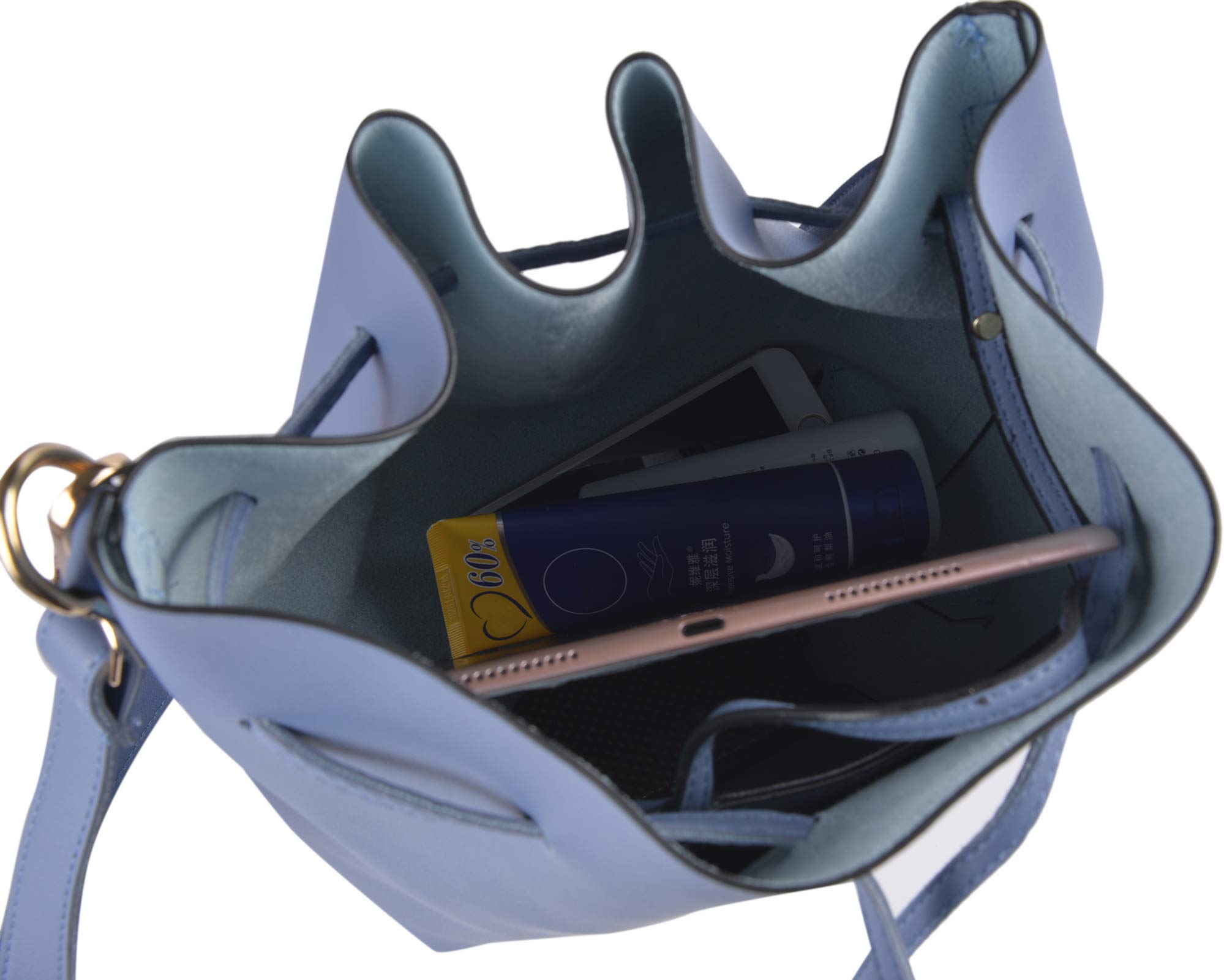 QZUnique Handbag Set Women's PU Leather Drawstring Bucket Bag Crossbody Shoulder Bags Purses Set With Colorful Strap Blue