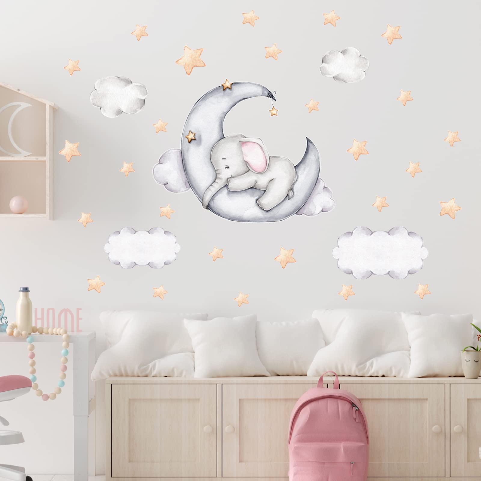 Dream Big Elephant Wall Decals Baby Room Wall Decals Moon Star Clouds Wall Decals for Nursery Kids Room Living Room Bedroom Decorations Home Decor