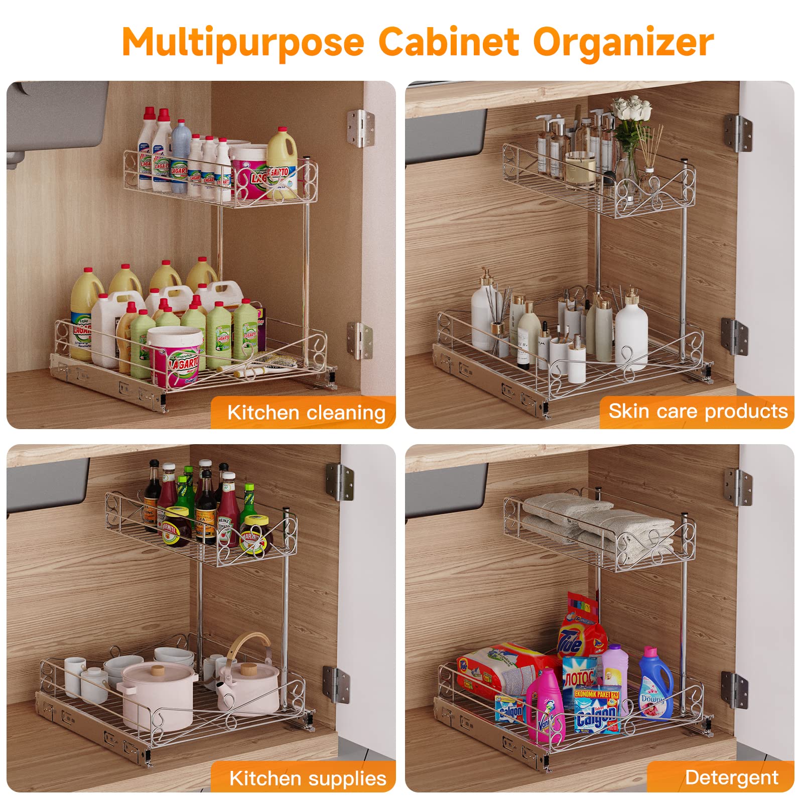 CNIOEPL Pull Out Cabinet Organizer,2-Tier Under Sink Slide Out Kitchen Cabinet Storage Shelves with Sliding Storage Basket Drawers, for Bathroom, Kitchen- 12.6W x 16.5D x 13H