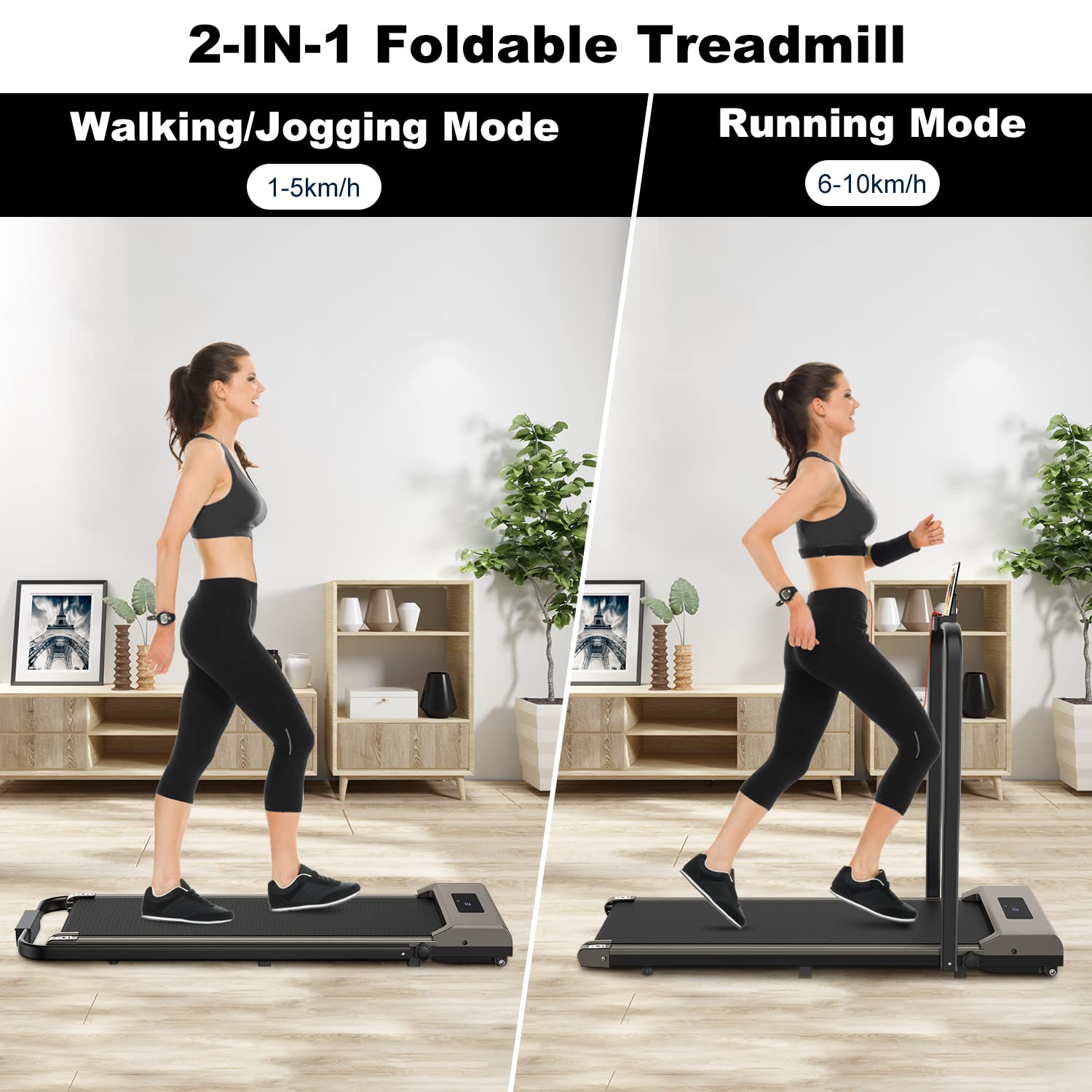 Dskeuzeew Under Desk Treadmill 2 in 1 Folding Treadmill, Foldable Walking Running Pad with Handle&Phone Holder, Powerful & Quiet Walking Jogging Running Machine for Home Office Grey