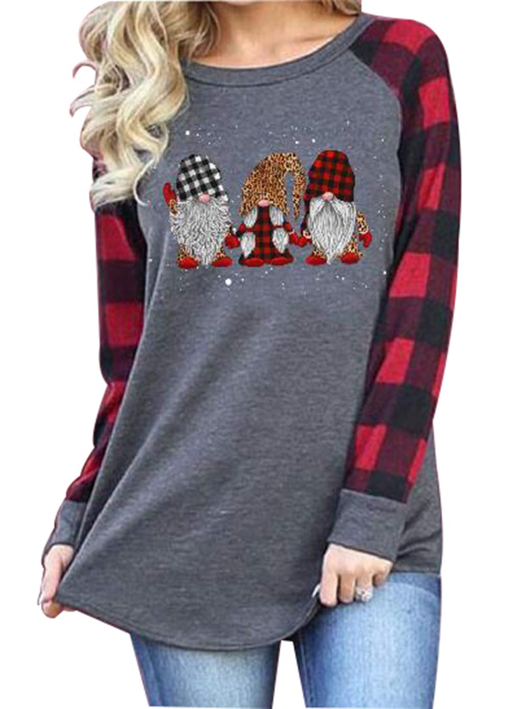 Christmas Gnomes Santa Sweatshirt Women Long Sleeve Plaid Leopard Santa Hat Graphic Tees Xmas Raglan Baseball Tops Blouse(M, Grey)
