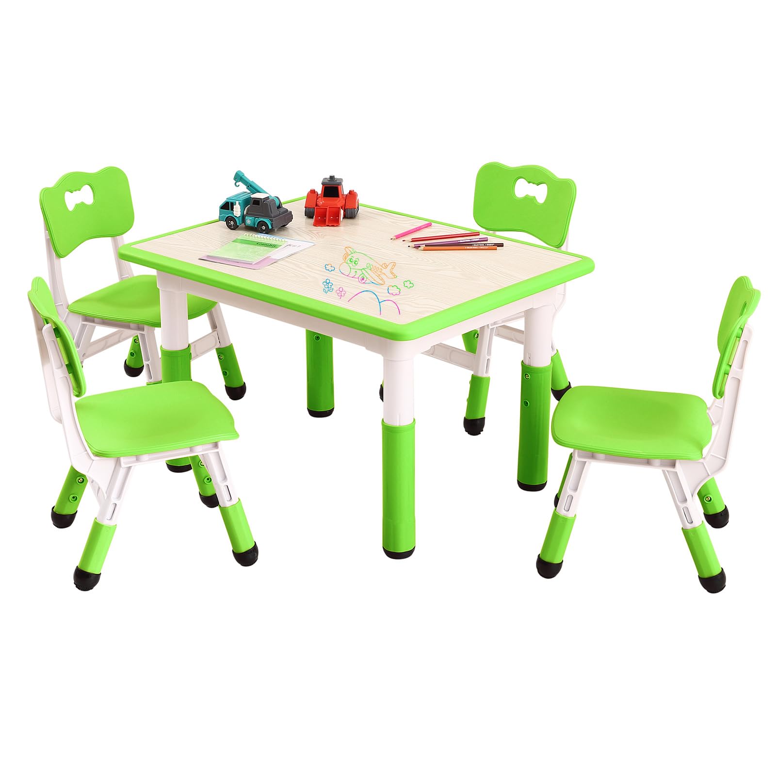 GarveeHome Kids Table and 4 Chairs Set, Toddler Height Adjustable Desk with Graffiti Desktop, Non-Slip Legs, Max 300lbs,Arts & Crafts Table,Children Multi-Activity Table for Classrooms,Home,Daycares