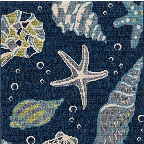 GAD Great American Distributors Sanibel Premium Indoor Outdoor Area Rug Accented Island Seaside Seashell Aquatic Marine Life Design Navy Blue/Gray (5'3"x7'7")