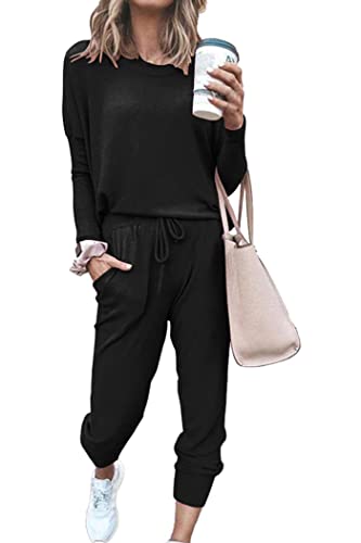 PRETTYGARDEN Women's 2023 Fall Two Piece Outfit Long Sleeve Crewneck Pullover Tops And Long Pants Tracksuit (Black,Small)