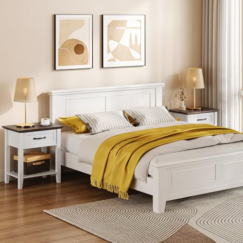 GarveeHome Nightstands, End Table with Drawer, Side Table for Living Room, 2 Tiers Storage Shelves Bedside Table for Study Room, Bedroom, Dorm, 2pcs-White
