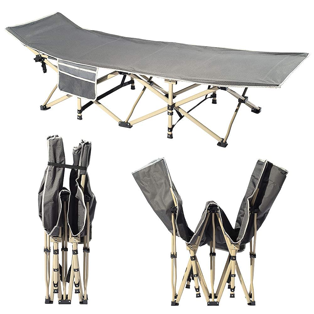Camping Cot Max Load 450 LBS 1 Side Large Pockets Extra Wide Sturdy Portable Foldable Outdoor Bed for Adults Kids for Camping Beach BBQ Hiking Backpacking Office (Grey)