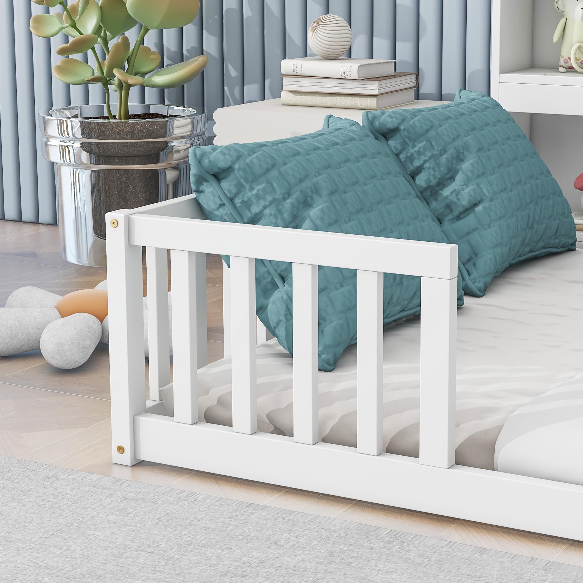 ECKF Full Size Floor Bed,Montessori Floor Bed with Bedside Bookcase and Shelves,Toddler Floor Bed with Guardrails for Kids,Girls,Boys (White, Full)