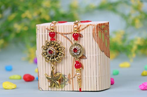 Lumba Rakhi for Brother & Bhabhi Set / Bhaiya Bhabhi Rakhi Thread Jodi Kundan Rakhi Combo (Design 1, Standard)