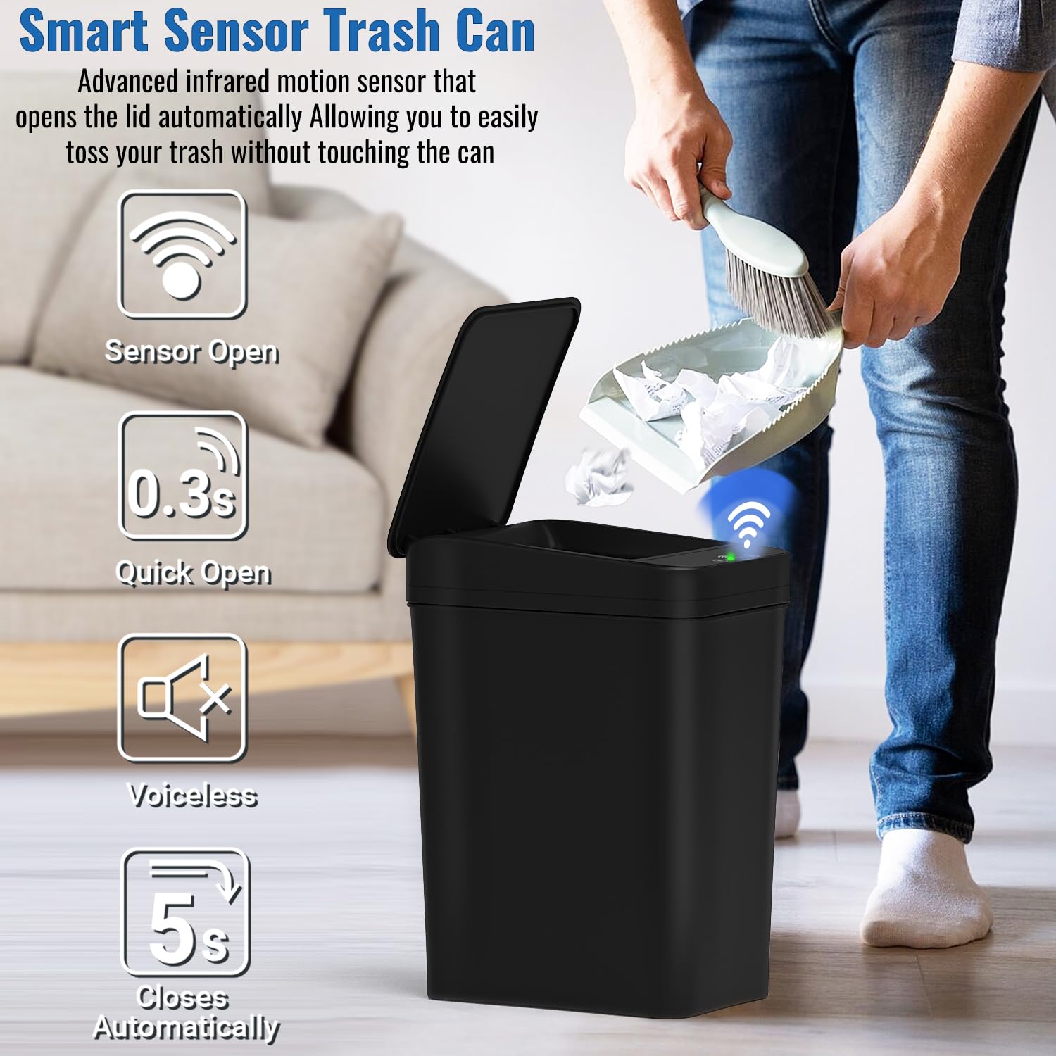 LMQML Bathroom Trash Can, 4 Gallon Automatic Motion Sensor Touchless Garbage Can; with Extra Trash Container, Waterproof Trash Bin with Lid, Smart Electric Trash Can for Kitchen, Office, Bedroom-White