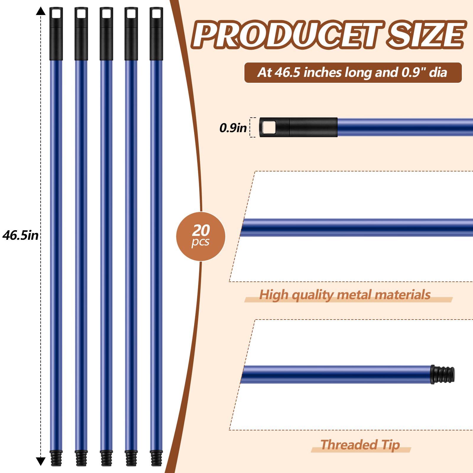 Gisafai 20 Pcs Broom Handle with Threaded Tip Powder Coated Broom Handle Metal Cleaning Pole with Plastic Thread Broom Stick for Floor Brushes Broom Replacement Cleaning Tools Accessories (Black)