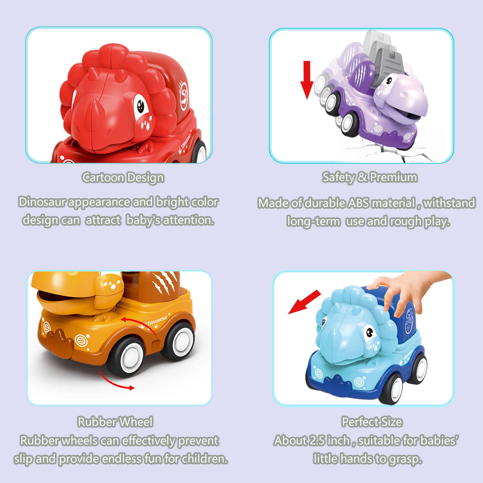 Flypear Toy Cars for 1 Year Old Boy, Dinosaur Pull Back Construction Vehicles with Storage Bag, 6PCS Monster Truck for Toddlers 3-5, Friction Power Cartoon Car Easter Gift