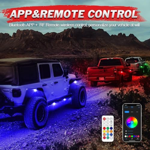 Lumimotor 8 Pods RGB LED Rock Lights Bluetooth App/Remote Control Music Voice Flashing Timing Modes Multicolor Car Underglow Light Kit for Truck Pickup UTV ATV Side by Side Golf Cart Boat
