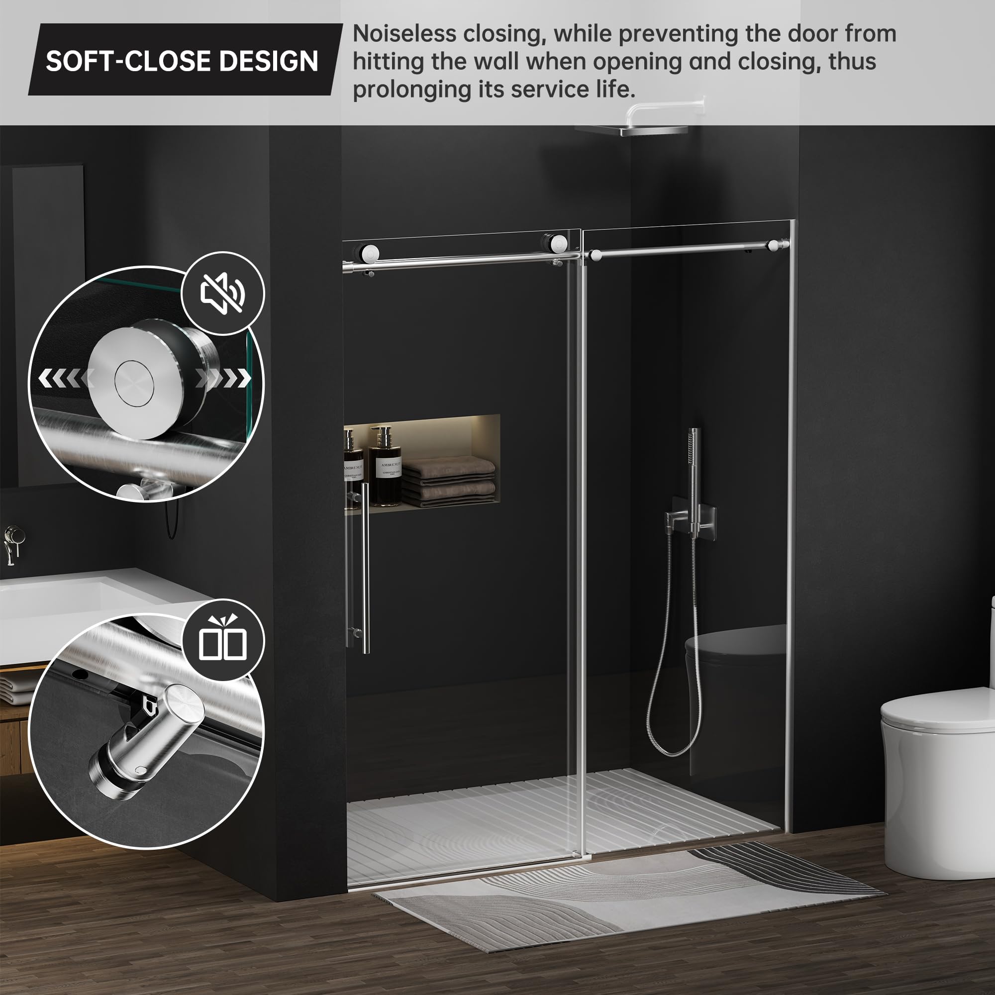 Frameless Sliding Shower Door 56-60 in W x 75 in H,Frameless Shower Door with 5/16" (8mm) Clear Tempered Glass,Silent Soft-Close Design,Brushed Nickel