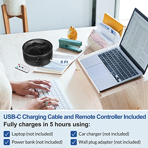 Primevolve 8.7 inch Battery Operated Fan for Bedroom with Remote, Rechargeable Portable USB Fan with Adjustable Height for Camping Tent Travel Black