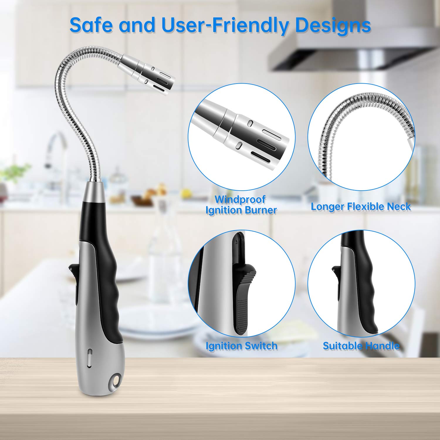 Butane Lighter Torch Long Lighter Jet Flame Windproof Lighter with Visual Fuel Window for Fireplace Kitchen Grill BBQ Camping, Black (No Butane Included)