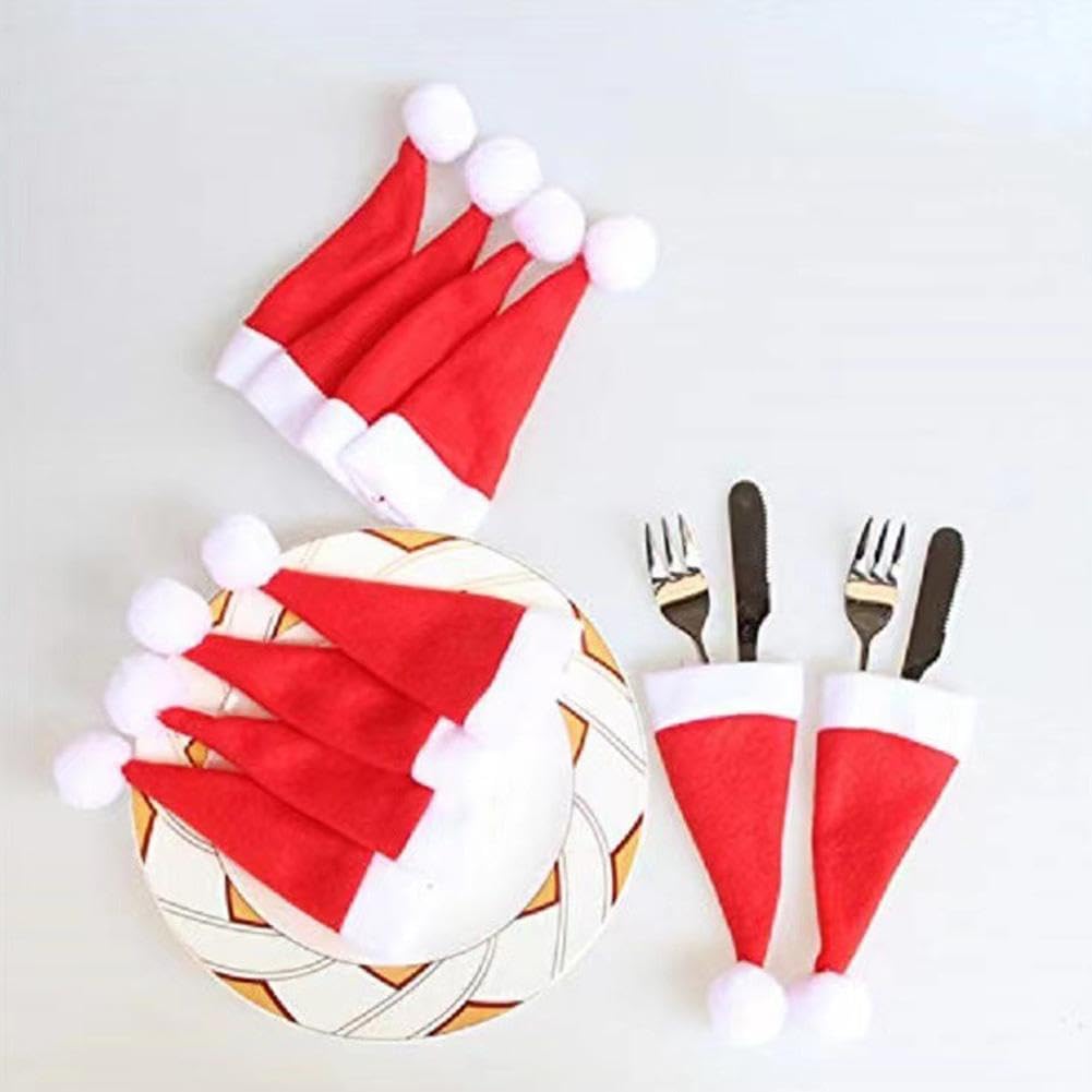 Christmas Santa Hats Silverware Holders,Xmas Party Dinner Table Dinnerware Decorations,Mini Santa Hats for Silverware Holders, Candy Covers, Wine Bottle Decor