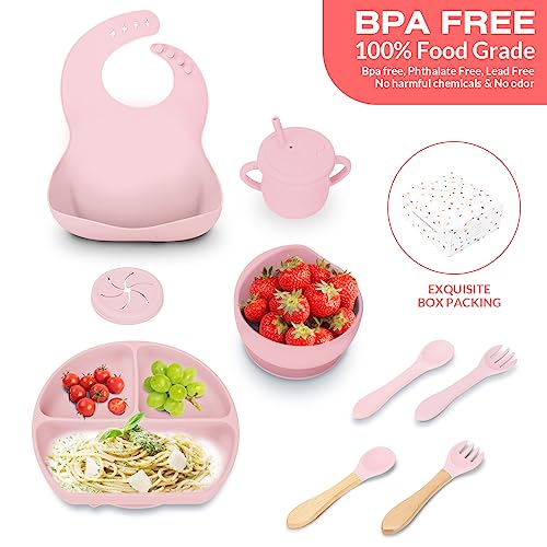 Silicone Baby Feeding Set - REIKTLUD Baby Led Weaning Supplies - Silicone Suction Bowls Divided Plates, Sippy and Snack Cup - Toddler Self Feeding Eating Utensils Set with Bib, Spoons, Fork (Pink)