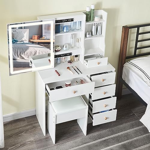 JBLCC Vanity Desk with Mirror and Lights,Makeup Vanity with Sliding Mirror, Makeup Table Set with Storage Shelves, Drawers, Modern Vanity Table for Bedroom (62706led)