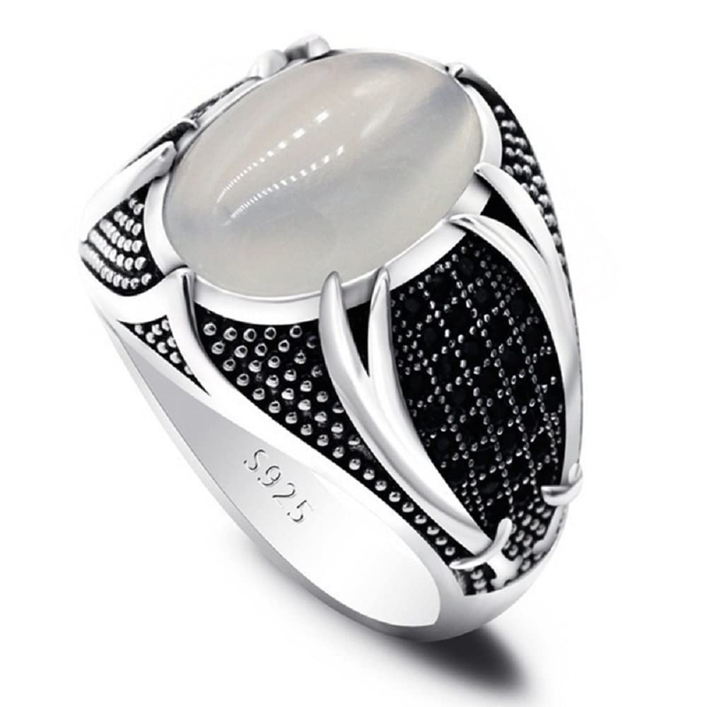 DOCCESTU Turkish Handmade Agate Luxury Antique Ring 925 Sterling Silver White Agate Ring for Men and Women (Gemstone Birthstone, Sizes 7-12), White Oval Agate Gemstone (Size 9)