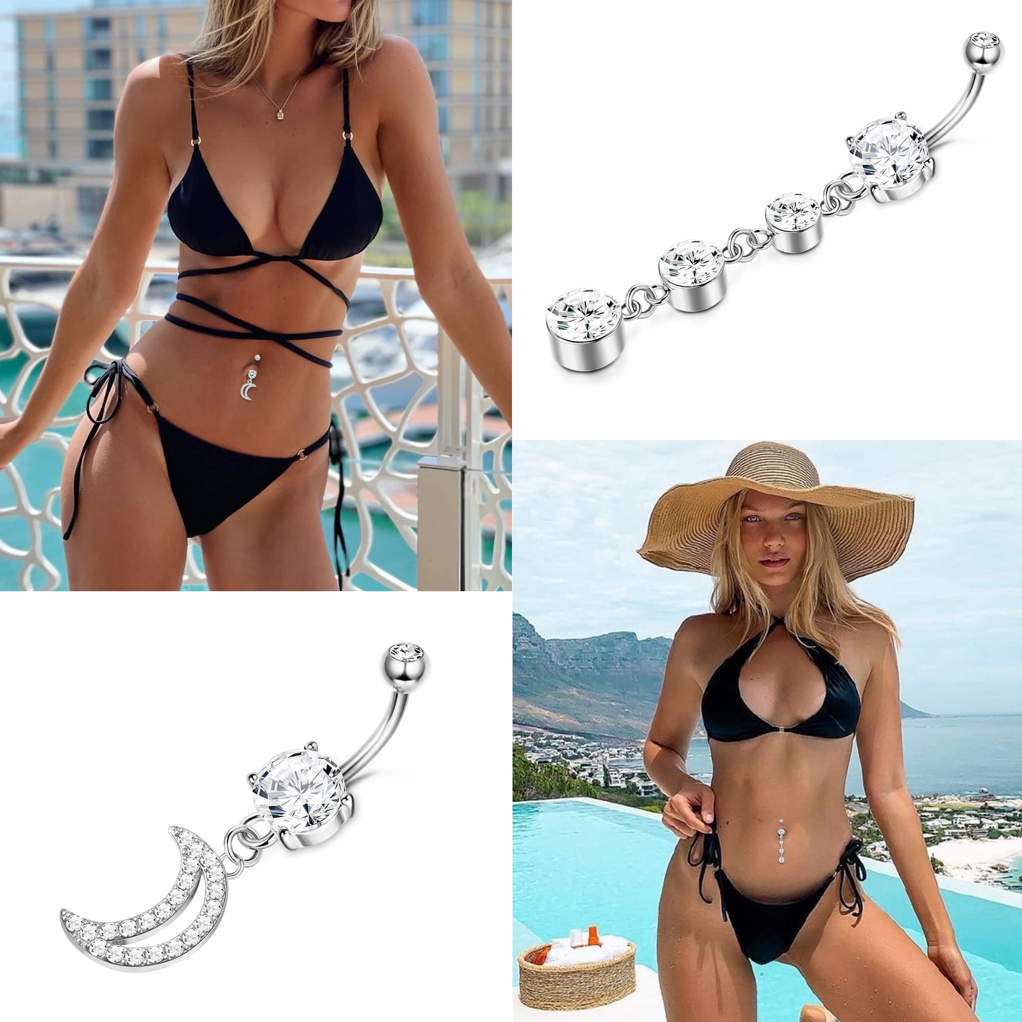 Dochais 8PCS Belly Button Ring, Surgical Steel Belly Rings for Women Dangle Belly Button Rings Sparkling CZ Pearl Belly Piercing Jewelry