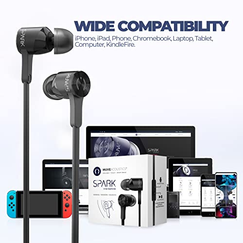 MuveAcoustics Spark Earbuds Wired Headphones with Mic - Phone Headset in Ear Buds Noise Cancelling for Computer Android Gaming Compatible with Samsung, Laptop, iPhone, iPod, iPad, Kindle, 3.5mm Jack