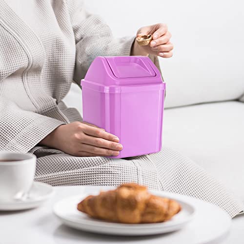 QLFJ-FurDec 2 Pcs Plastic Mini Wastebasket Trash Can with Swing Lid with 4 Rolls of Trash Bags, Tiny Desktop Waste Garbage Bin for Home, Office, Kitchen, Vanity Tabletop, Bedroom, Bathroom(Blue + Purple)