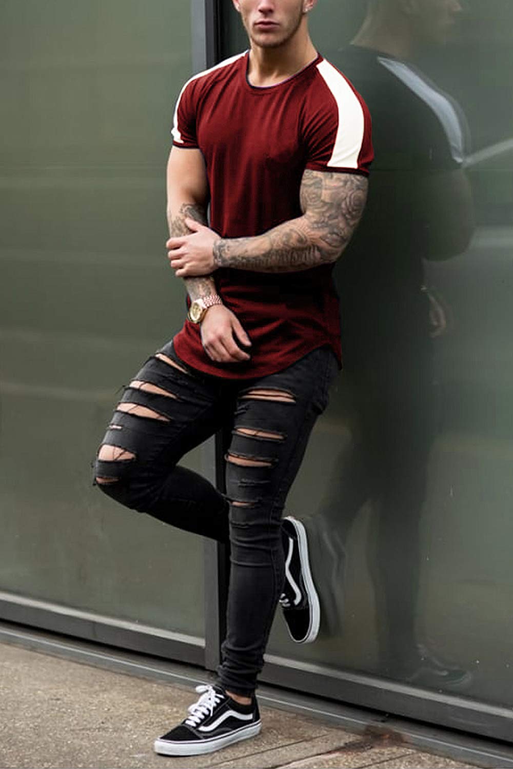 COOFANDY Mens Bodybuilding Workout Shirts Soft Gym Muscle T-Shirt Wine Red M