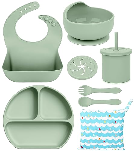 Silicone Baby Feeding Set, Complete Baby Led Weaning Supplies Bpa Free, 8 Pack Baby Eating Supplies with Infant Suction Bowl and Plates, Bowl Cup Spoon and Fork Set, Infant Utensils Dish for Baby