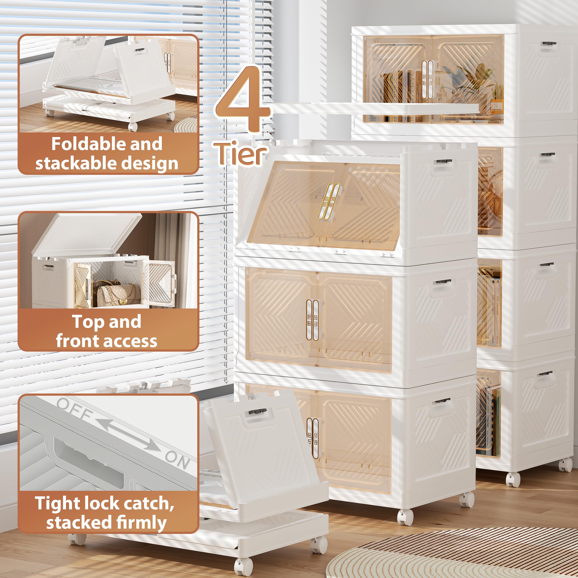Foldable Storage Bins with Lids 76QT, Stackable Storage Containers with Wheels and Magnetic Doors, Plastic Clothes Closet Organizers and Storage Box for Room, Pantry, Home and Office (4 Pack)
