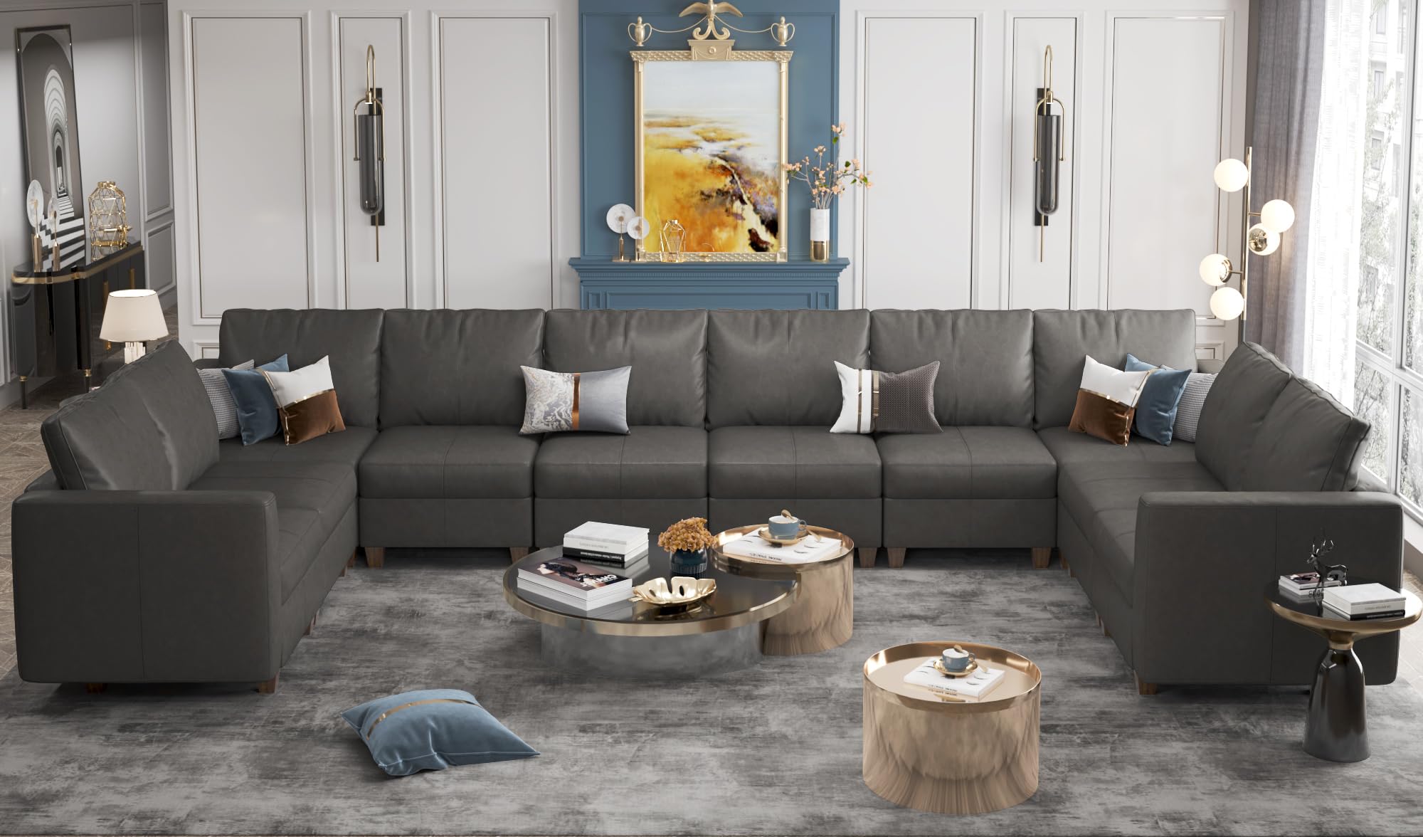 EASE MOOSE Large Sectional Sofa U Shaped Sectional Couch with Storage, Faux Leather Modular Sofa Convertible Sleeper Sofa with Reversible Chaises, Grey