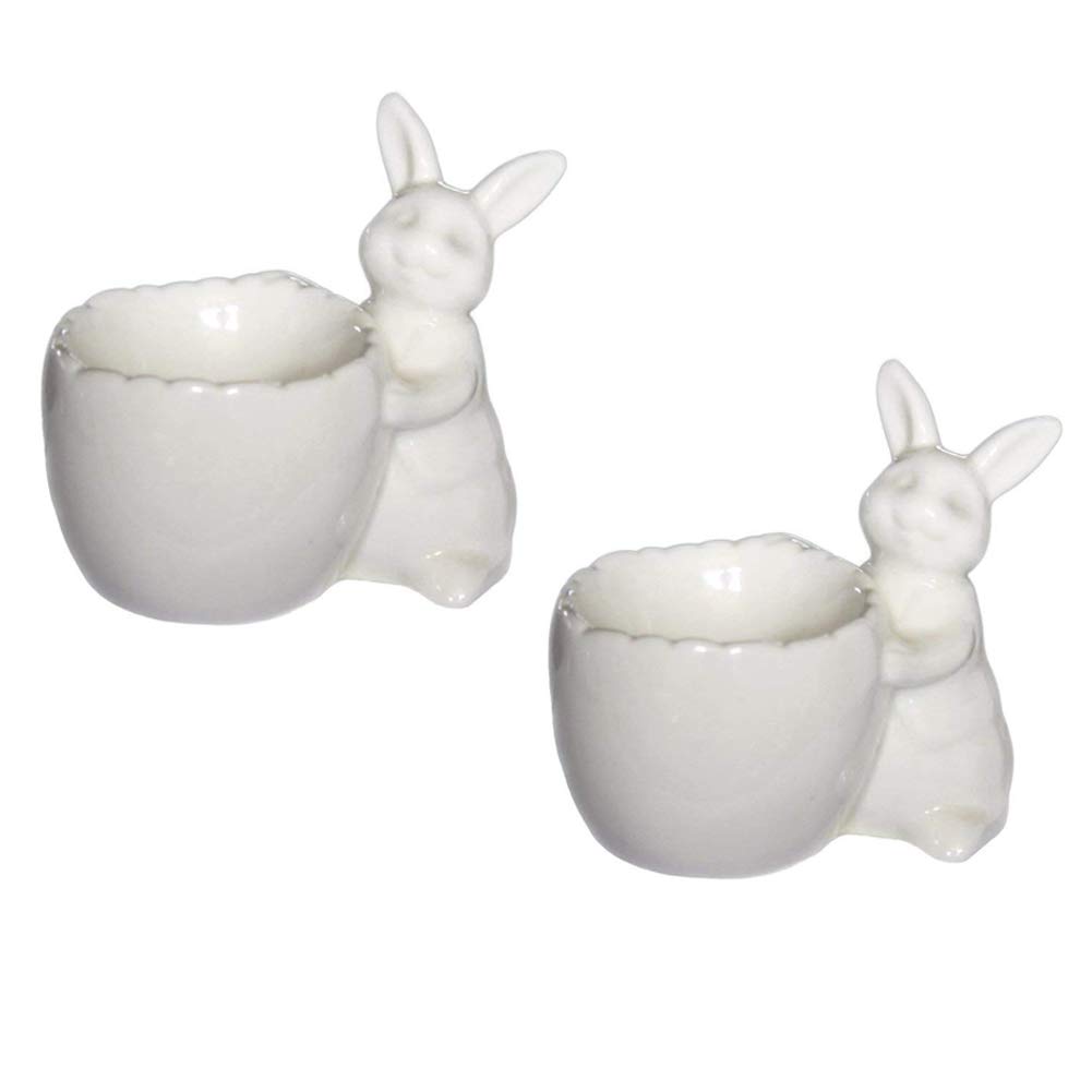 Easter Bunny Porcelain Egg Cup, Set of 2 Vintage White Rabbit Ceramic Egg Holders Easter Decorations Spring Home Party Decor Favors, Handmade